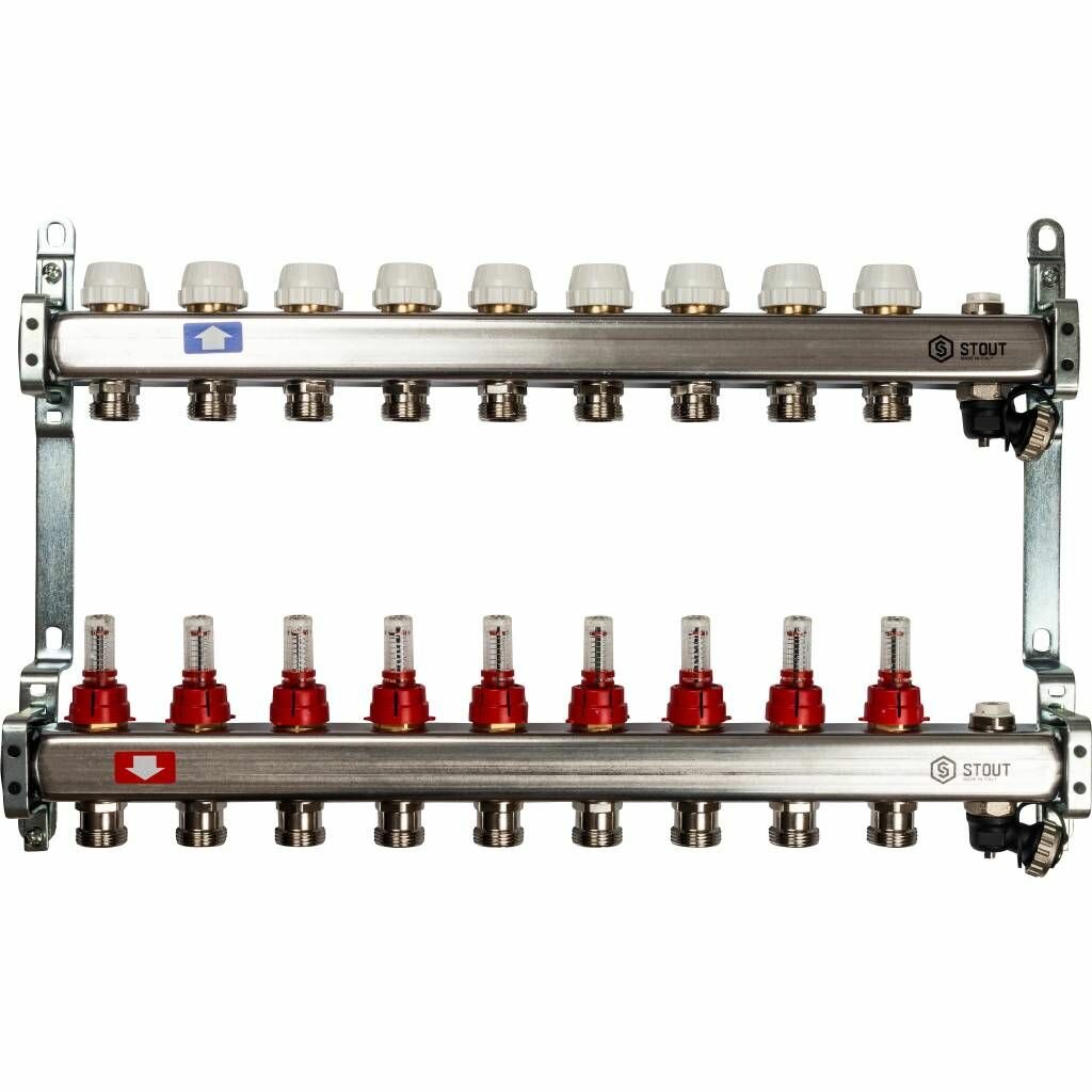 Коллектор из нержавеющей стали с расходомерами, с клапаном выпуска воздуха и сливом на 9 выходов, STOUT, SMS-0927-000009