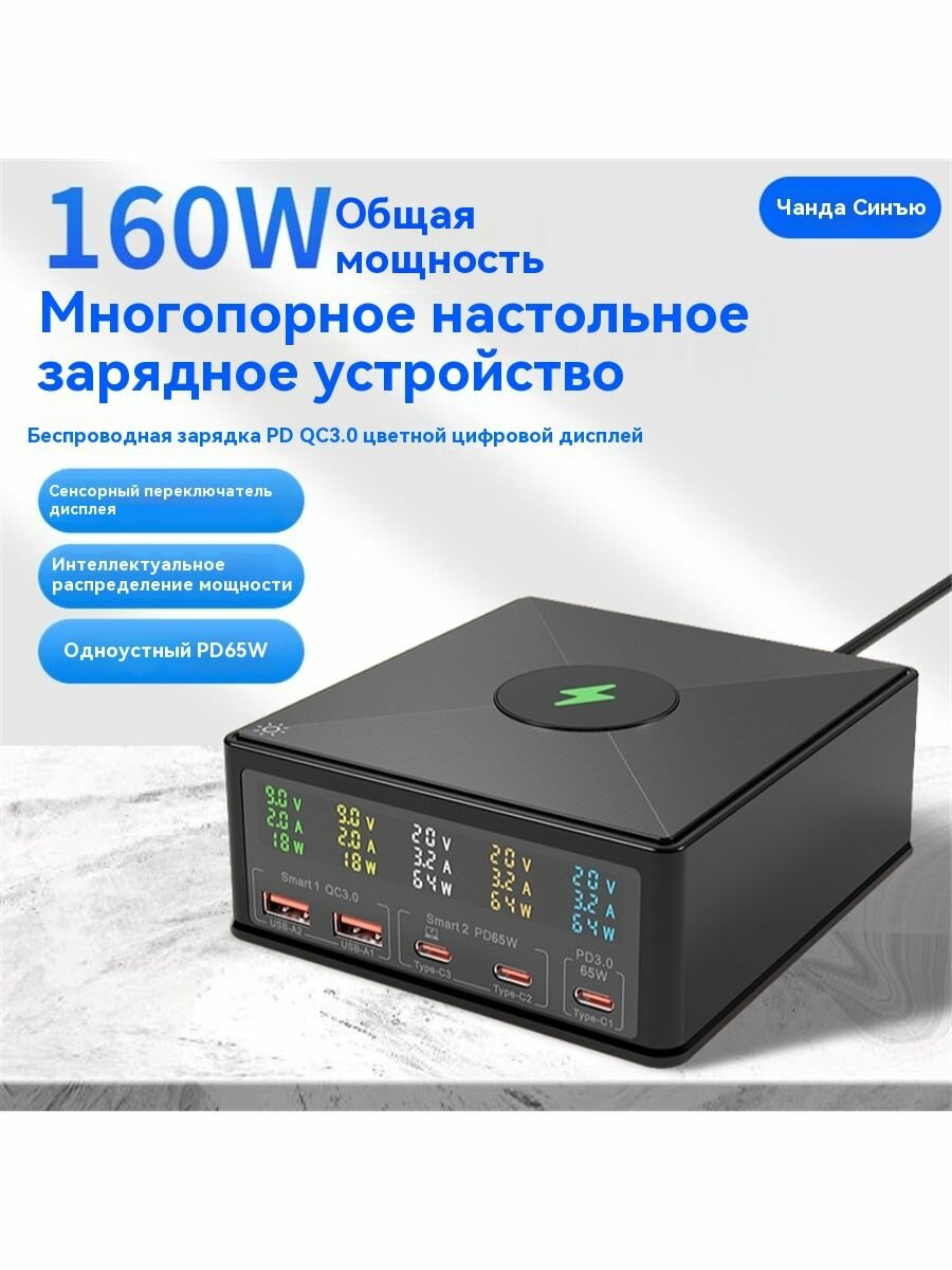 Зарядное устройство на основе нитрида галлия, PD, USB3.0, многопортовое зарядное устройство для мобильного телефона с цифровым дисплеем, 160 Вт