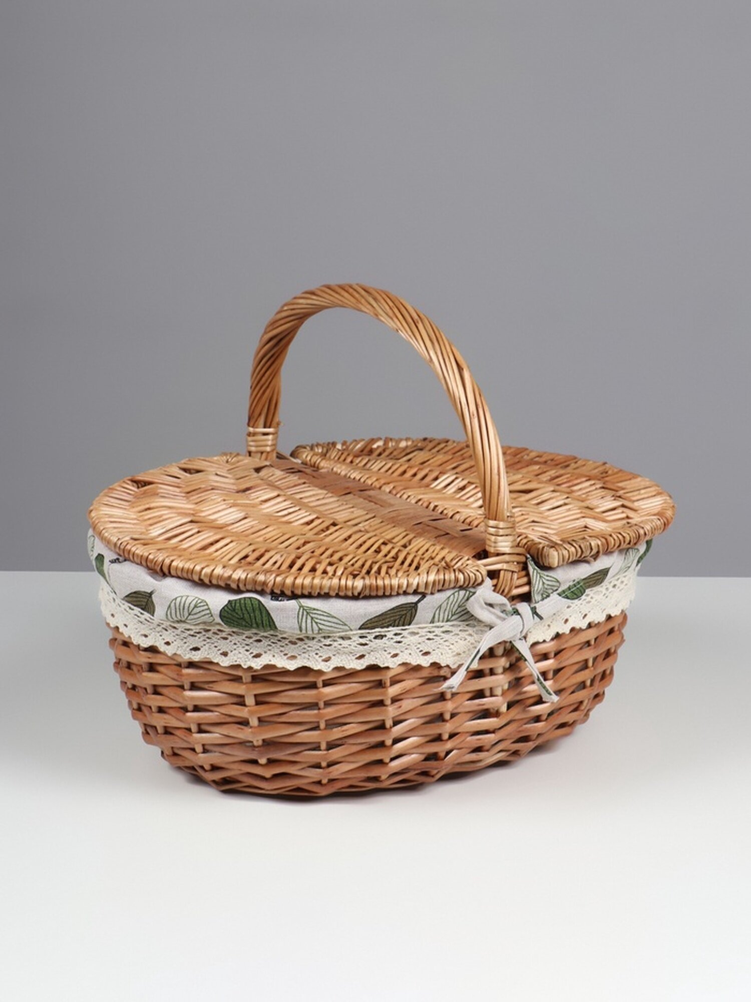 Корзина-лукошко, ткань внутри, 2е крышки, 35х28 см, высота 14.5 см, высота с ручкой 31 см, дно