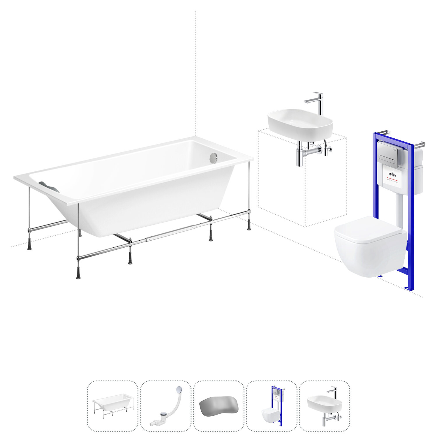 Акриловая ванна 150x70 с каркасом Lavinia Boho One 20221225R в наборе 6 в 1: ванна, ножки, слив-перелив, подголовник, унитаз в комплекте, раковина в комплекте