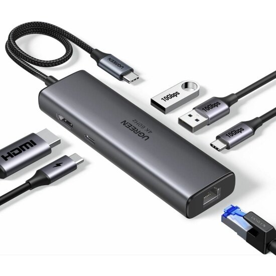 Хаб (разветвитель) Ugreen CM512 USB-C - HDMI+2*USB 3.2 A+1*USB 3.2 C+RJ45+PD, 4Kх60Гц, серый (45000)