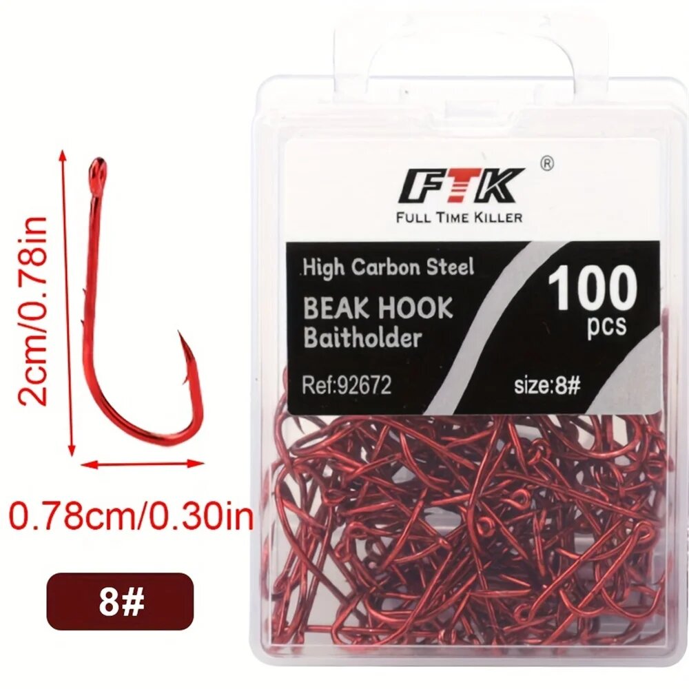 FTK рыболовные крючки 8#, 100 шт, красные