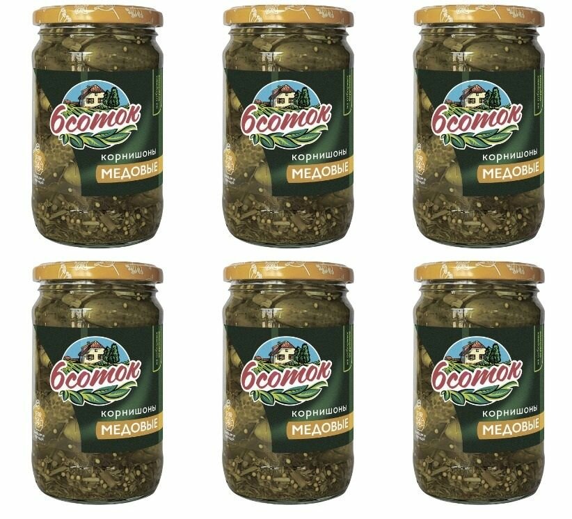 6 соток Огурцы корнишоны Медовые, стеклянная банка, 350 г, 6 шт