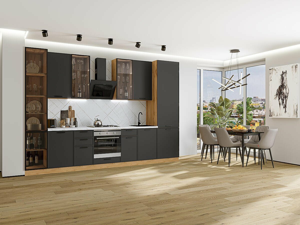 Кухня Фрейм-06, цвет фасада Stormy Silk, цвет каркаса Дуб Вотан, 2340*3400*600 мм