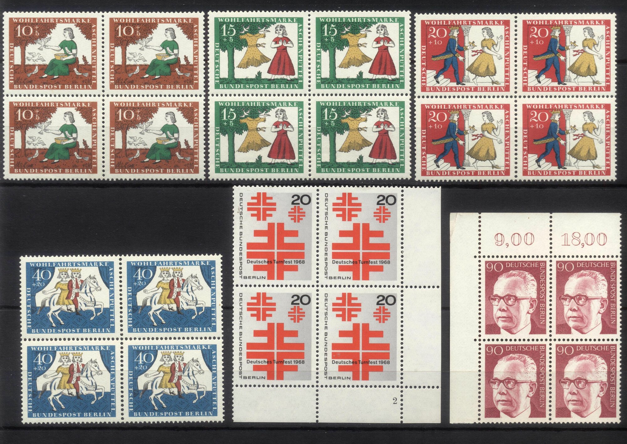 Чистые** марки Европы: Западный Берлин (Германия) в квартблоках. 1965-68 г. г. см. описание