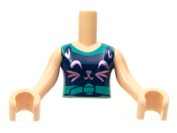 Torso Mini Doll Girl Dark Blue Cat Tank Top, Metallic Pink Cat Face, Dark Turquoise Collar and Belt Pattern, Nougat Arms with Hands, FTGpb315c01 Light nougat U