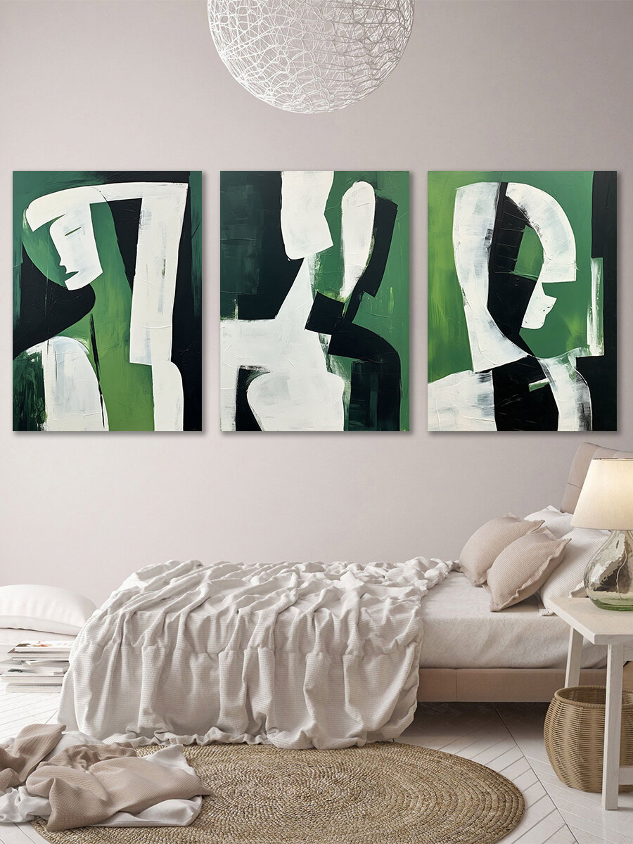 Модульные картины на стену / триптих - "Зеленая абстракция, лица и силуэты", картина 3 шт, модуль 40х90 см