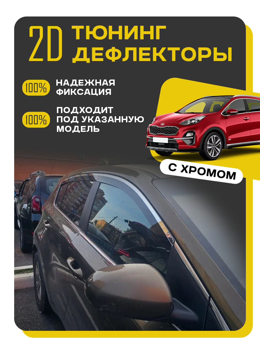 Плоские тюнинг дефлекторы с хромом для Kia Sportage 4 (2015-2022) / Ветровики 2d Киа Спортейдж 4. Комплект 4 шт.