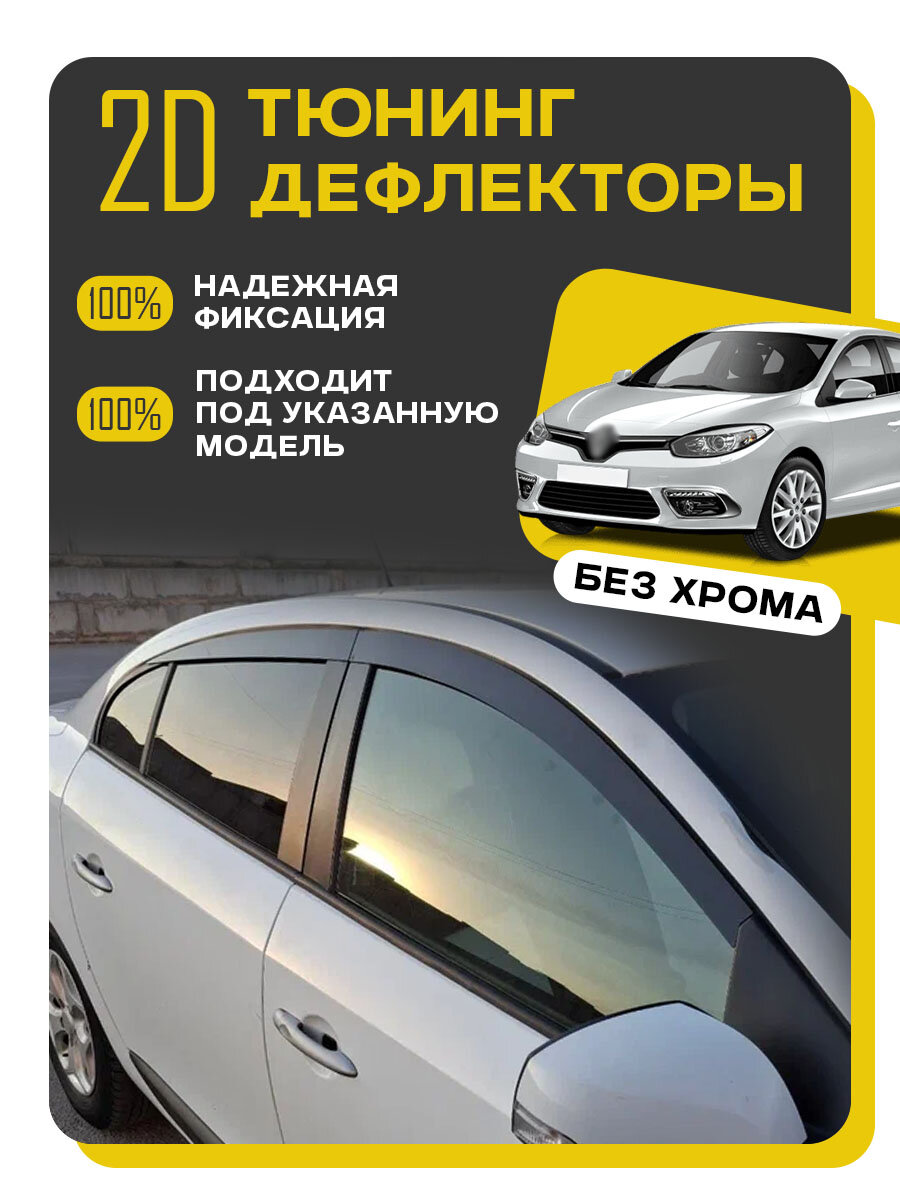 Плоские тюнинг дефлекторы для Renault Fluence (2009-2017) Ветровики 2d Рено Флюенс 1 поколение. Комплект 4 шт.