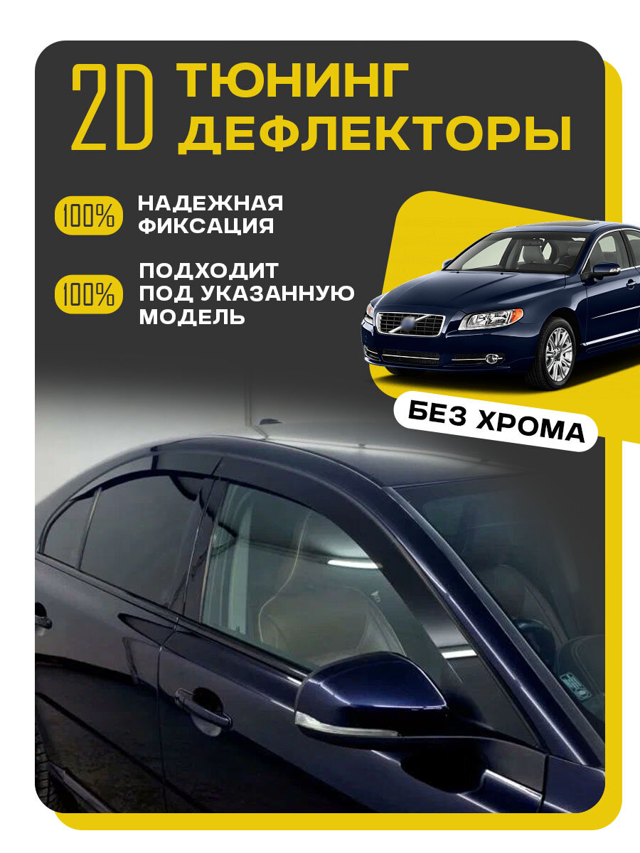 Плоские тюнинг дефлекторы для Volvo S80 седан (2006-2016) 2 поколение / Ветровики на Вольво С80. Комплект 4 шт.