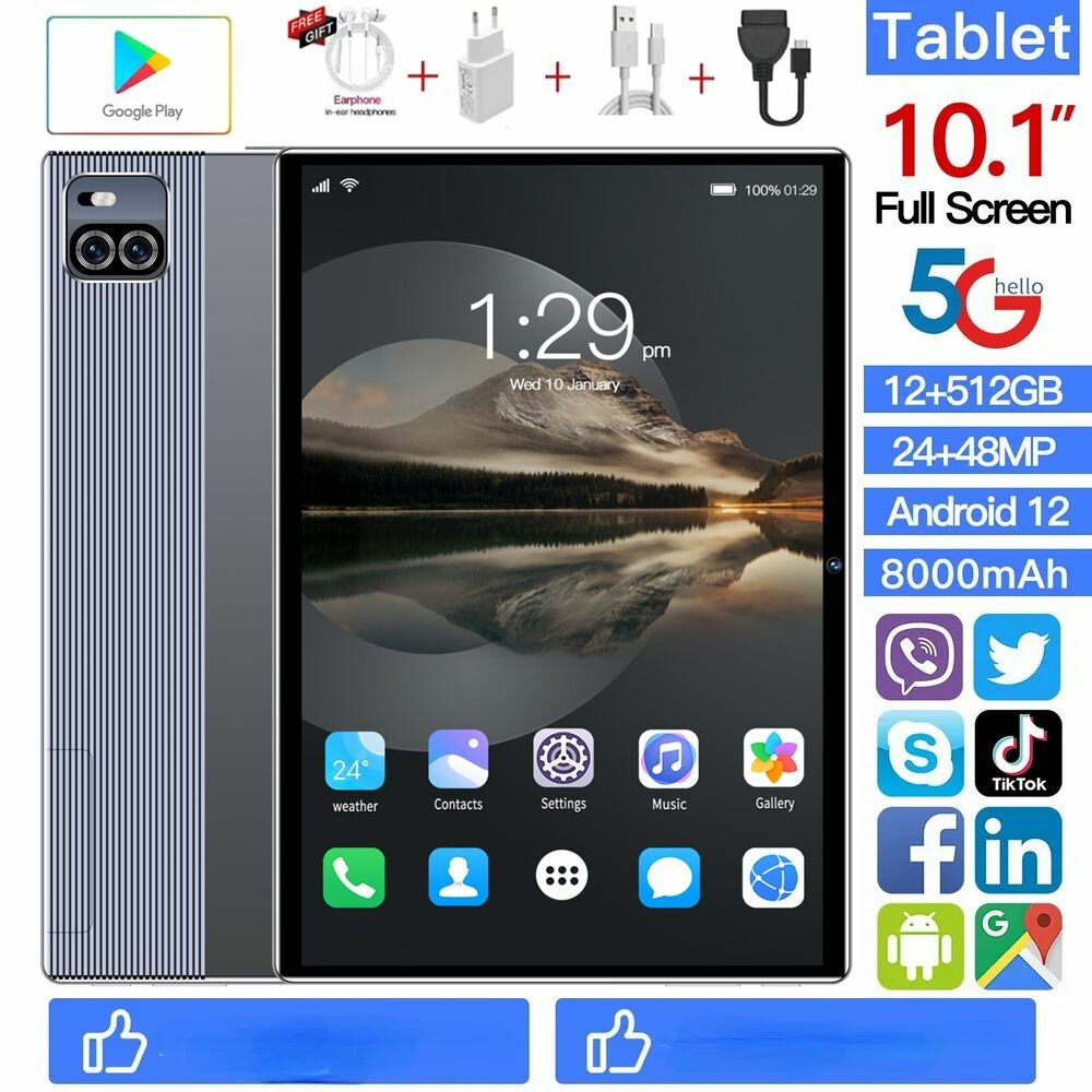 Планшетный ПК 11OPRO 10,1-дюймовый планшет игровой Android 12 12GB RAM 512GB ROM серый