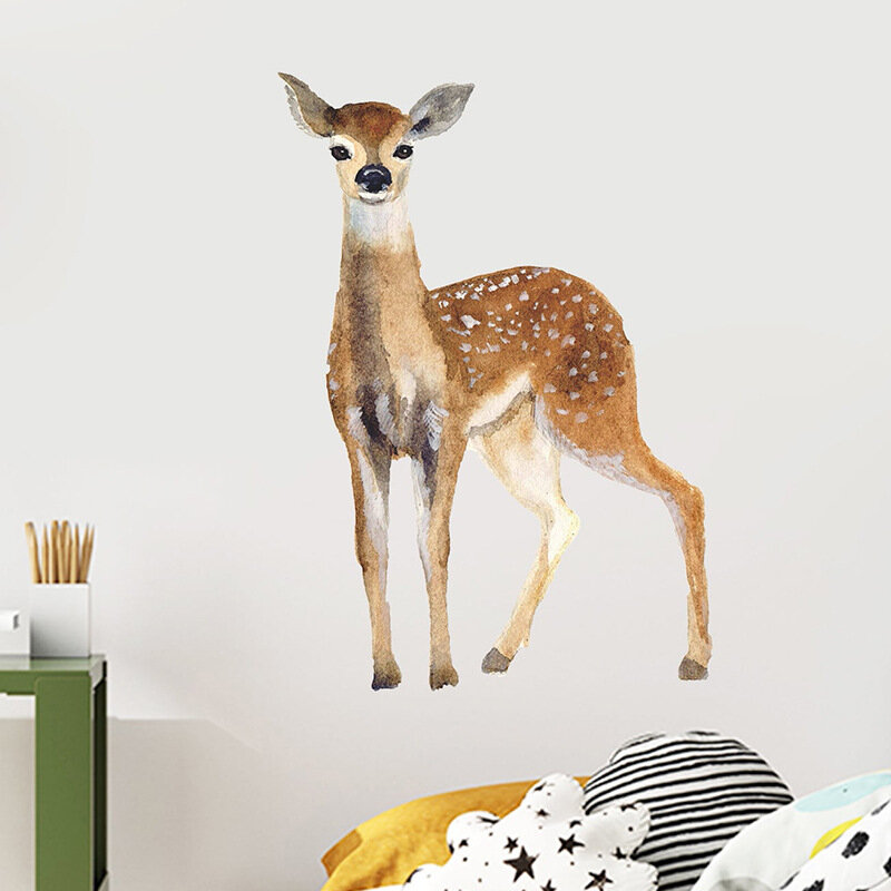 Наклейки на стену с милыми оленями, акварельные наклейки с животными для детской комнаты, детской комнаты, спальни, самоклеящиеся настенные рисунки для домашнего декора, декоративные наклейки на стену с природными мотивами для детских пространств