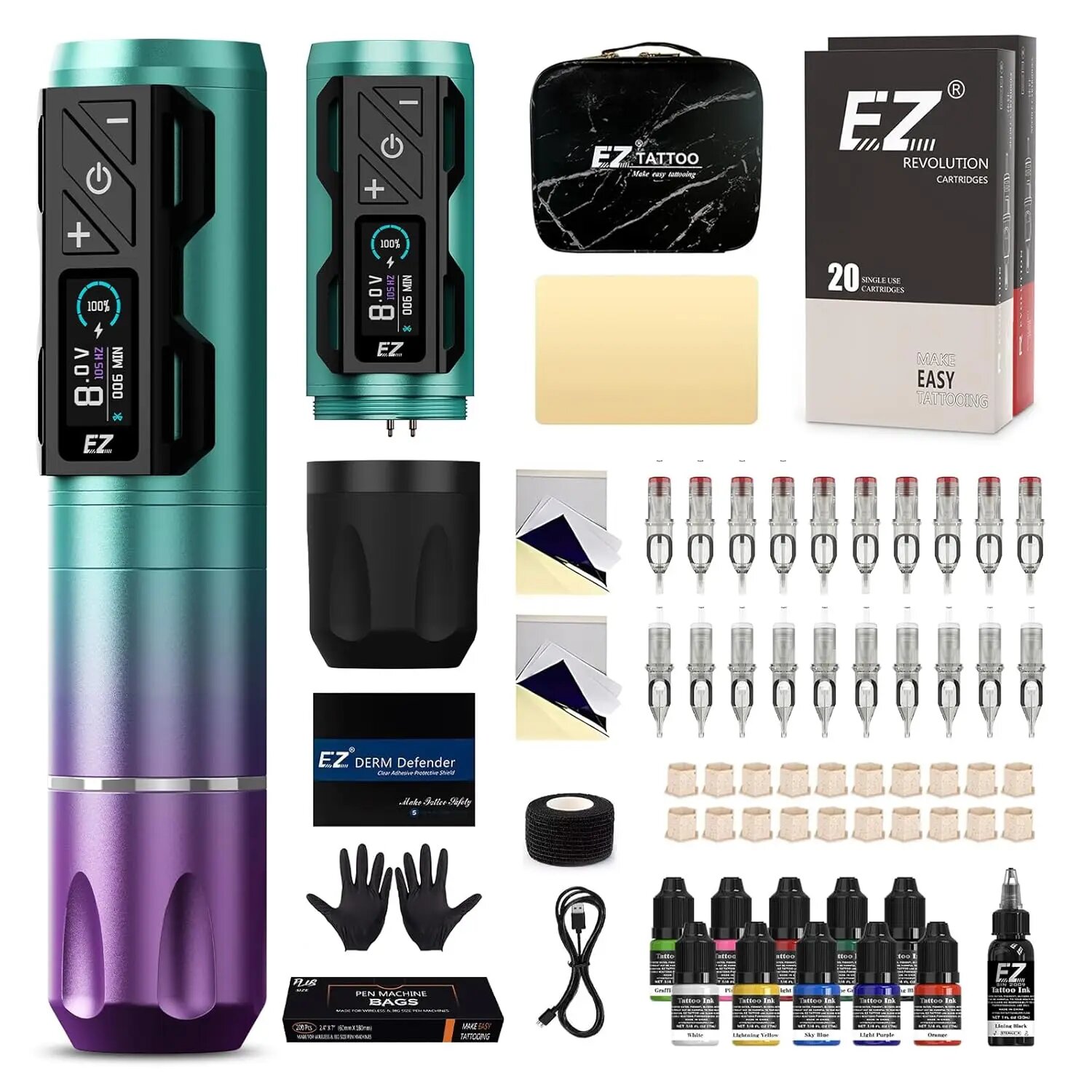 EZ Tattoo Kits P2S Беспроводная ручка для тату, Purple Blue, 40шт