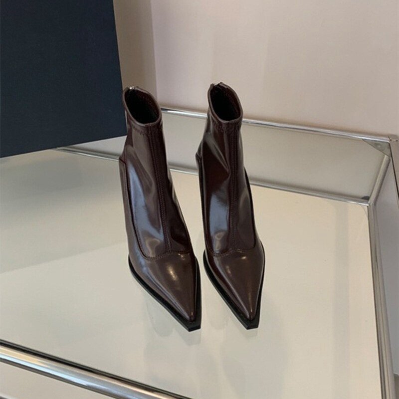 MOOCIE Ботильоны с острым носком на высоком каблуке, осень-зима 2025, новый стиль, ботильоны на шпильке, нюдовые ботильоны, узкие ботильоны, коричневые ботильоны в стиле ретро