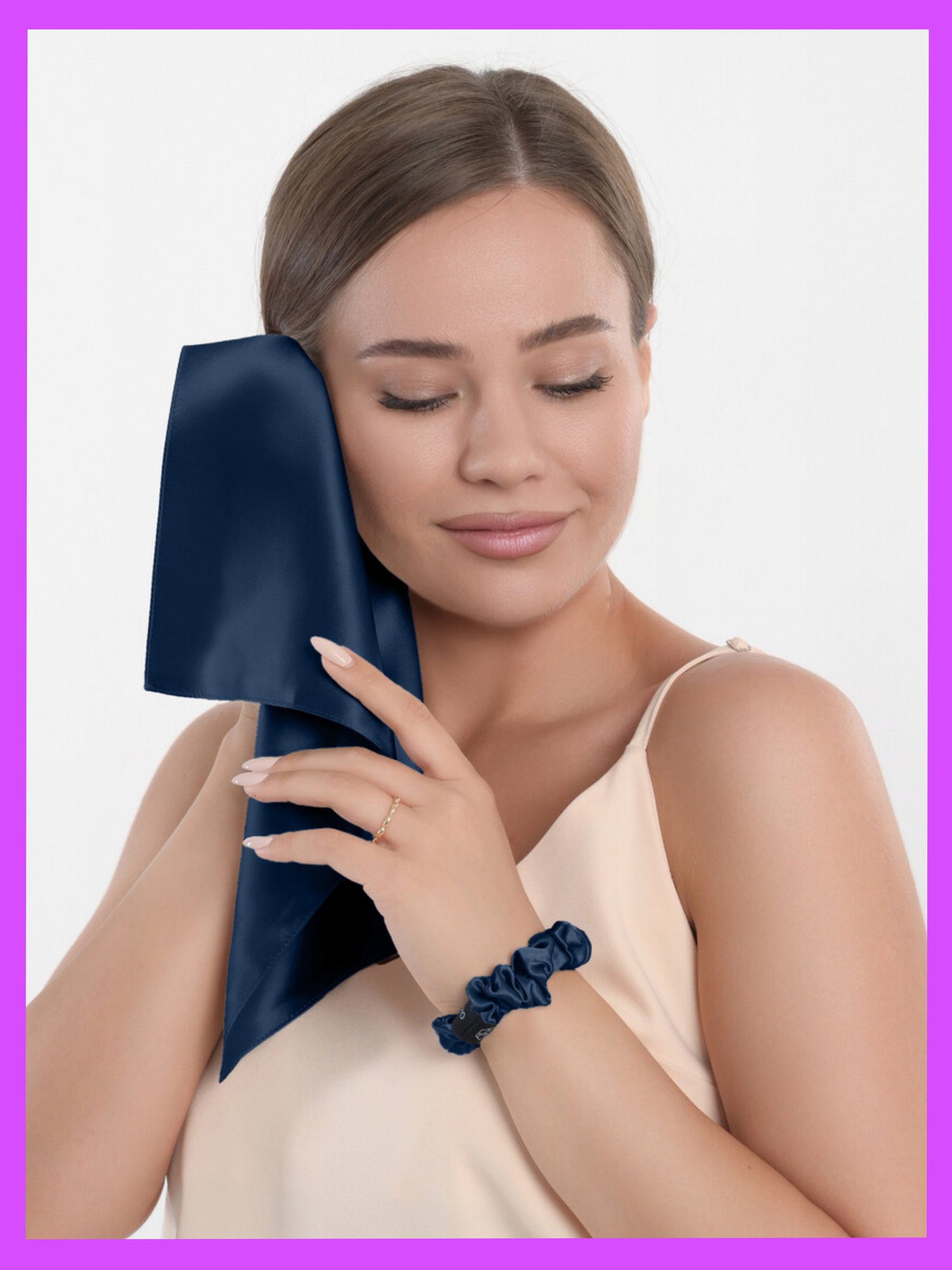 100% натуральный шёлк 22 момми/Набор: полотенце для лица, рук, резинка 2 см/синий цвет