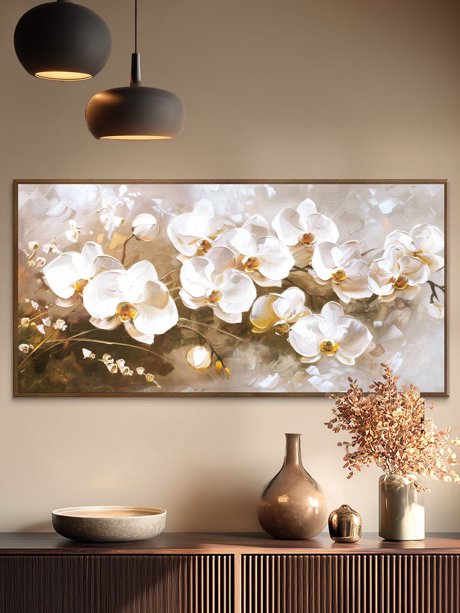 Картина на стену интерьерная в раме "Орхидеи в тумане" 53х103 см Графис