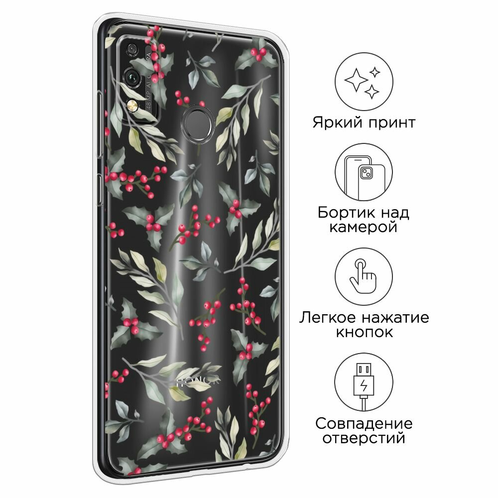 Чехол на Honor 9X Lite / Хонор 9X Лайт с принтом Зимние ягоды паттерн, прозрачный — фото 1