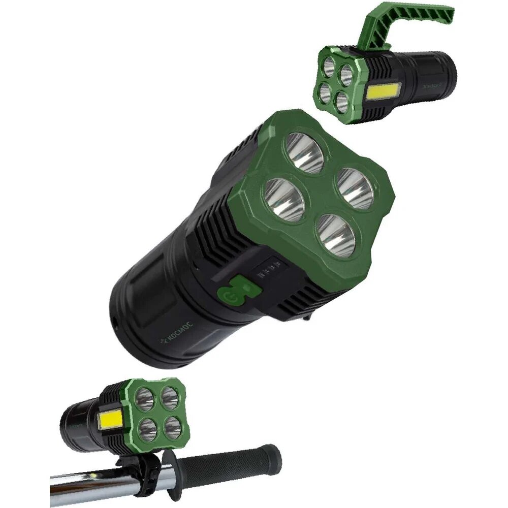 Космос Фонарь прожектор аккум/4Вт+3ВтCOB/Li-ion18650 1200mAh/индикатор/USBшн/креп для вело KOC902Lit