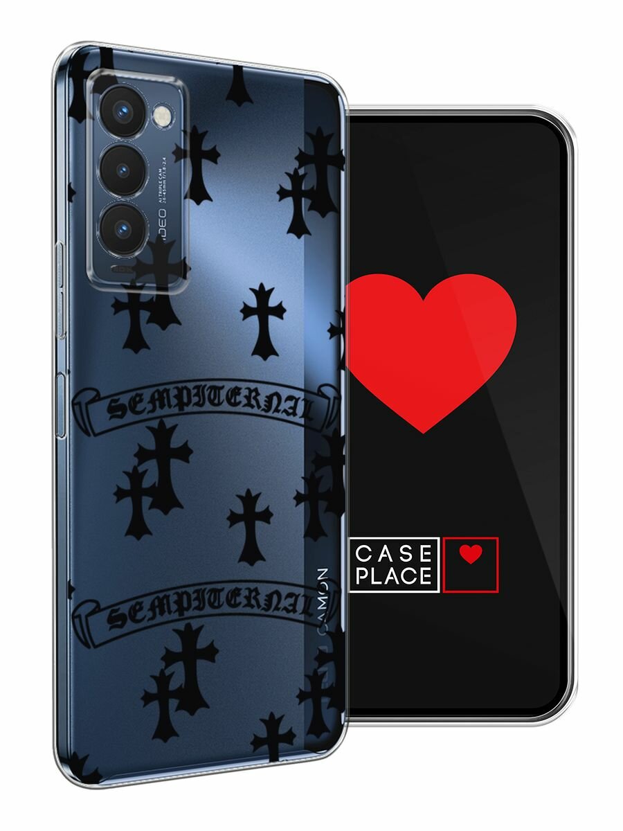 Чехол на Tecno Camon 18P / Техно Камон 18Р с принтом "Кресты паттерн чёрный", прозрачный — фото 1