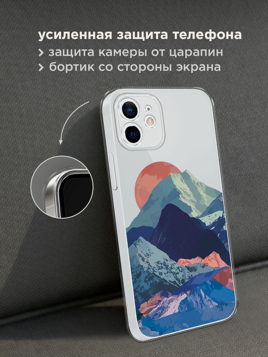 Чехол на Apple iPhone 12 mini / Айфон 12 Мини с принтом "Закат в снежных горах", прозрачный — фото 1