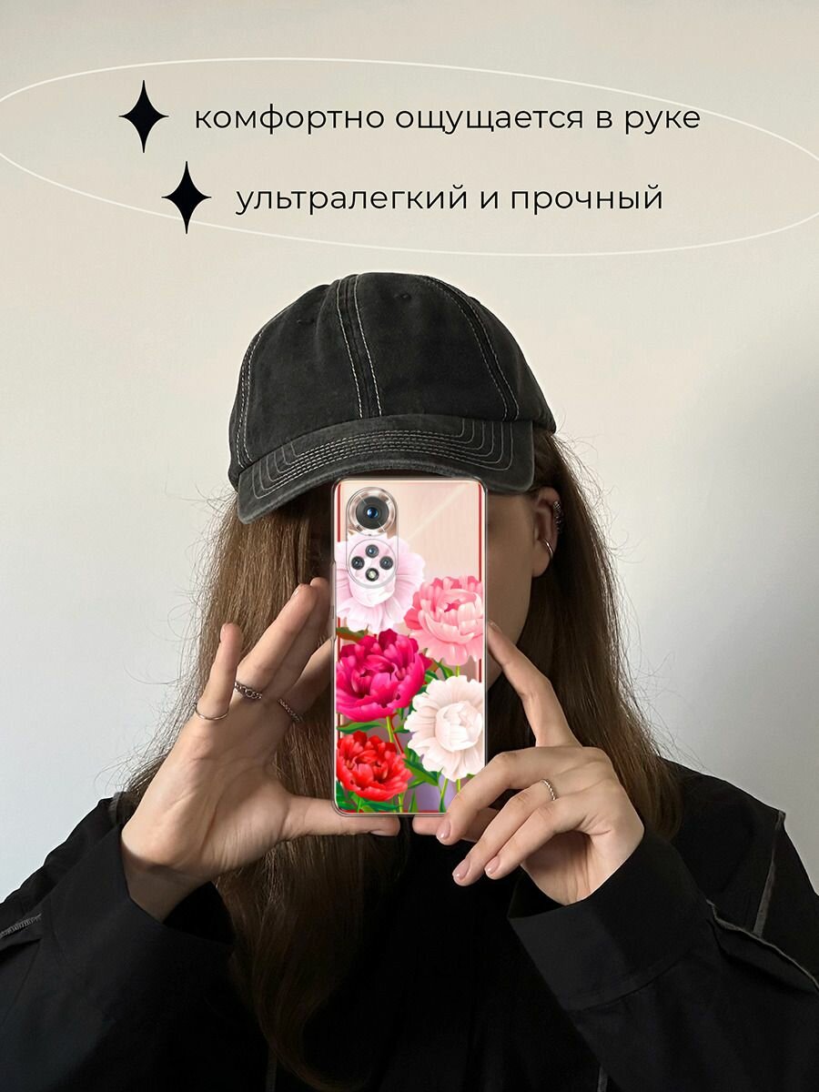 Чехол на Honor 50/Huawei Nova 9 / Хонор 50/Хуавей Нова 9 с принтом "Большие пионы", прозрачный — фото 1