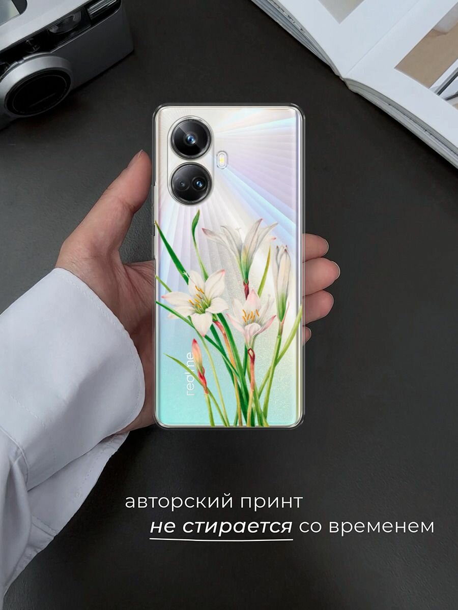 Чехол на Realme 10 Pro+ / Реалми 10 Про+ с принтом "White lily", прозрачный — фото 1