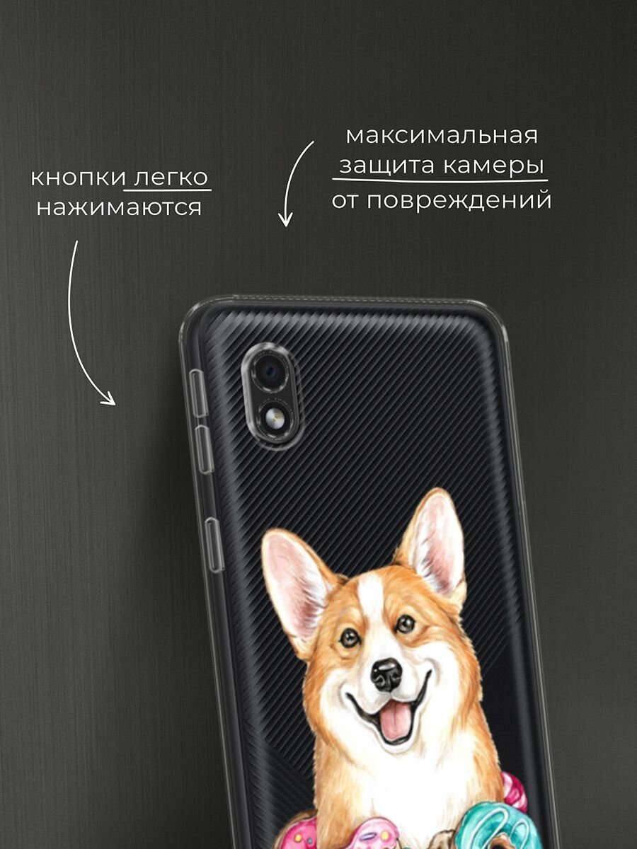 Чехол на Samsung Galaxy A01 Core / Самсунг Галакси А01 Core с принтом "Корги и сладости", прозрачный — фото 1