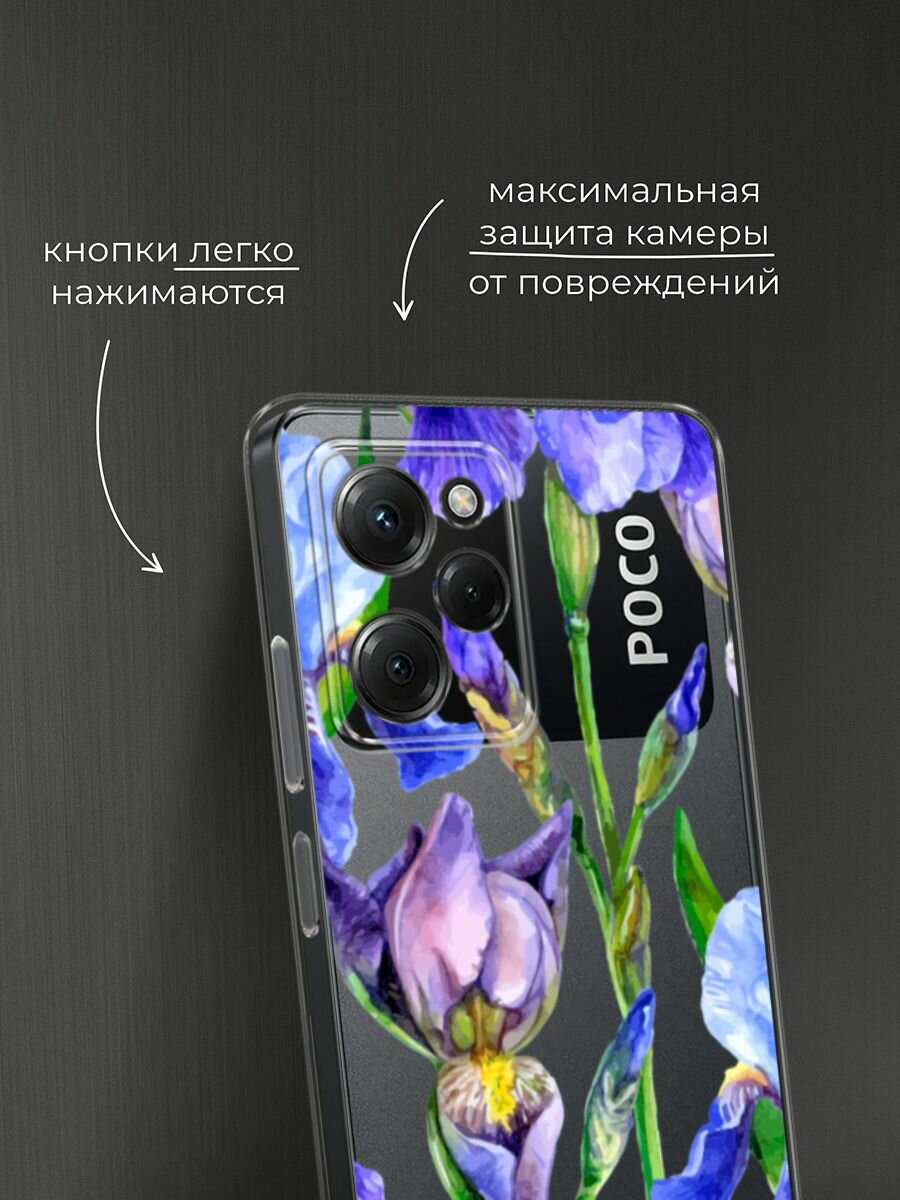 Чехол на Xiaomi Poco X5 Pro 5G / Сяоми Поко X5 Про 5G с принтом "Синие ирисы", прозрачный — фото 1