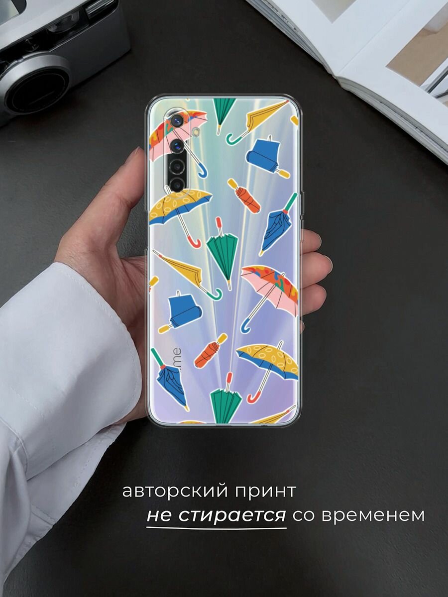 Чехол на Realme 6 / Реалми 6 с принтом "Зонты паттерн", прозрачный — фото 1