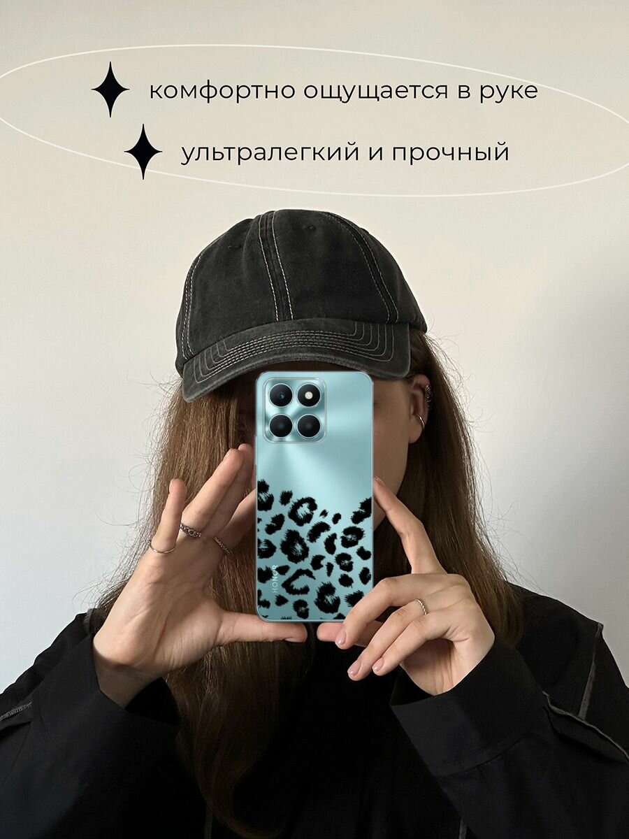 Чехол на Honor X6A / Хонор X6A с принтом "Окрас леопарда фон черный", прозрачный — фото 1