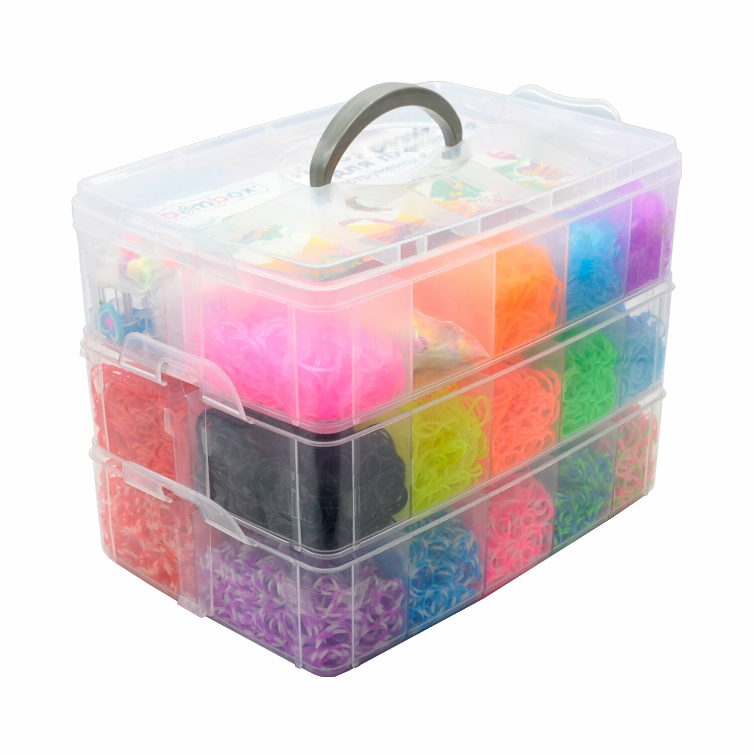 Набор резинок для плетения украшений Bambox 15000 шт, 25 цветов, бокс, бусины, станок