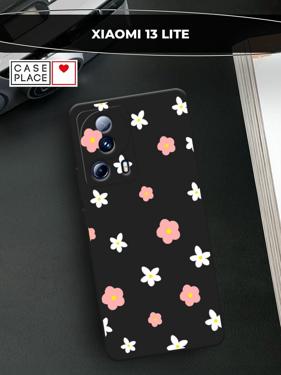Черный матовый чехол на Xiaomi 13 Lite / Сяоми 13 Лайт с принтом "Розовые и белые цветы"