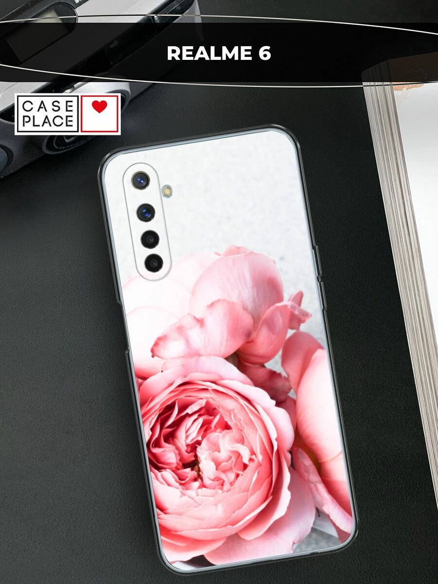 Силиконовый чехол на Realme 6 / Реалми 6 с принтом "Пионы на белом"