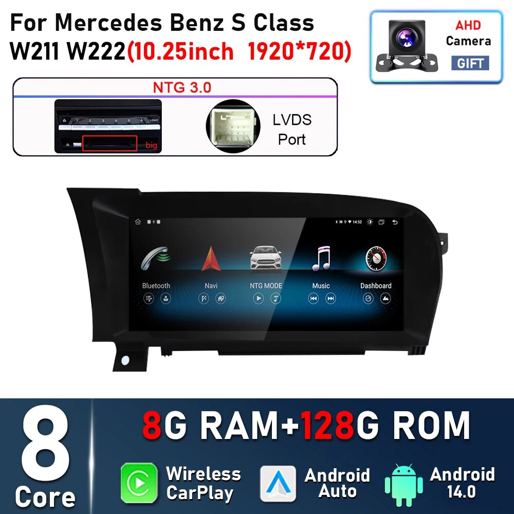 Автомобильный мультимедийный беспроводной Android AUTO CarPlay 10,25-дюймовый экран-защелка для Mercedes Benz S Class W221 W222 NTG3.0 3,5 видеоплееры NTG3.0 8G 128G cam