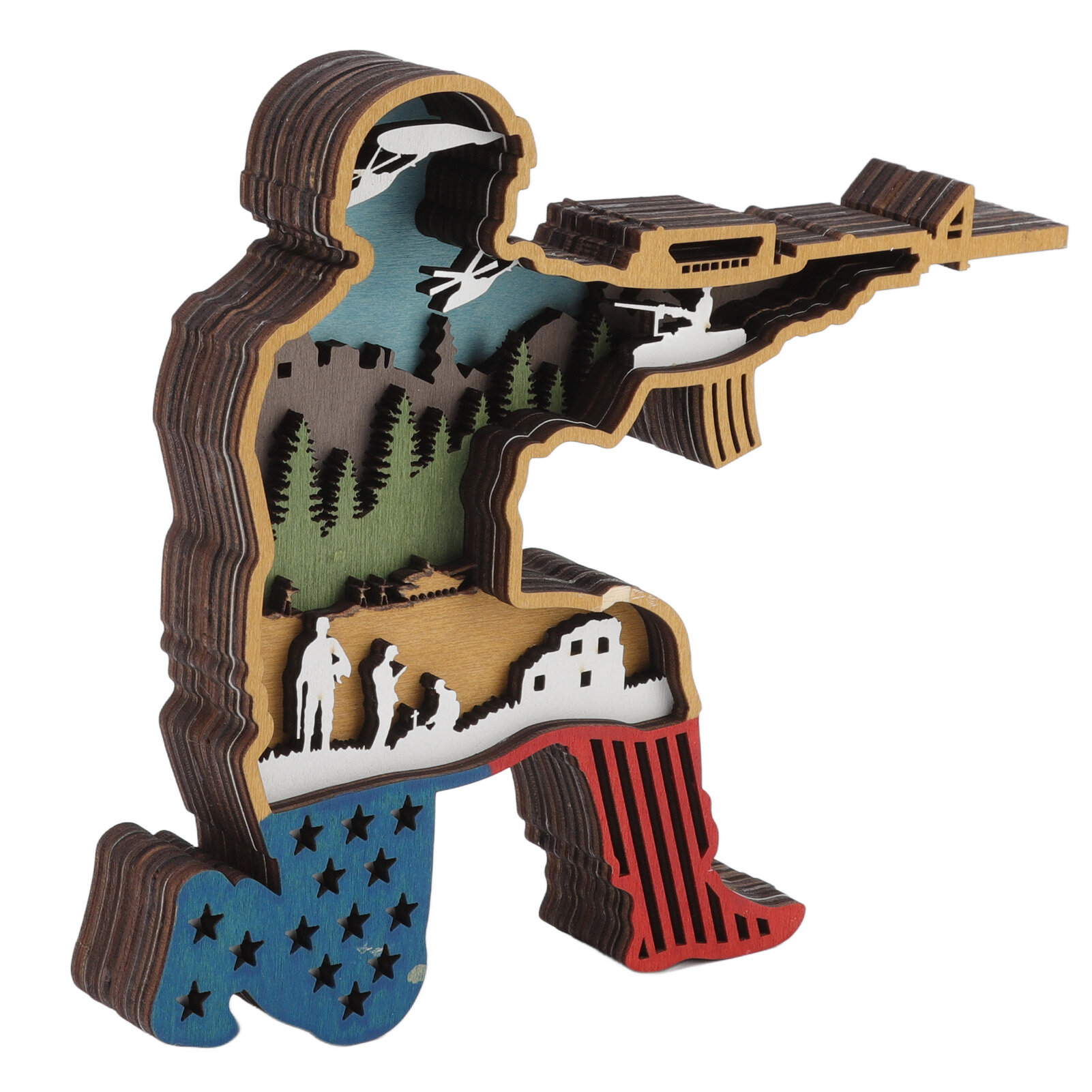 Деревянная статуя празднования Дня независимости США, многослойный дизайн, самшит, резные 3D яркие огни, солдатское украшение для рабочего стола
