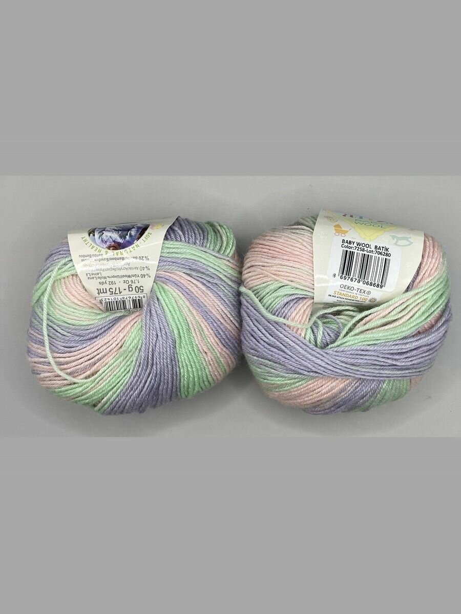 Два мотка пряжи Alize Baby Wool Batik(7258) ,50гр-175м, 40% шерсть, 20% бамбук, 40% акрил.