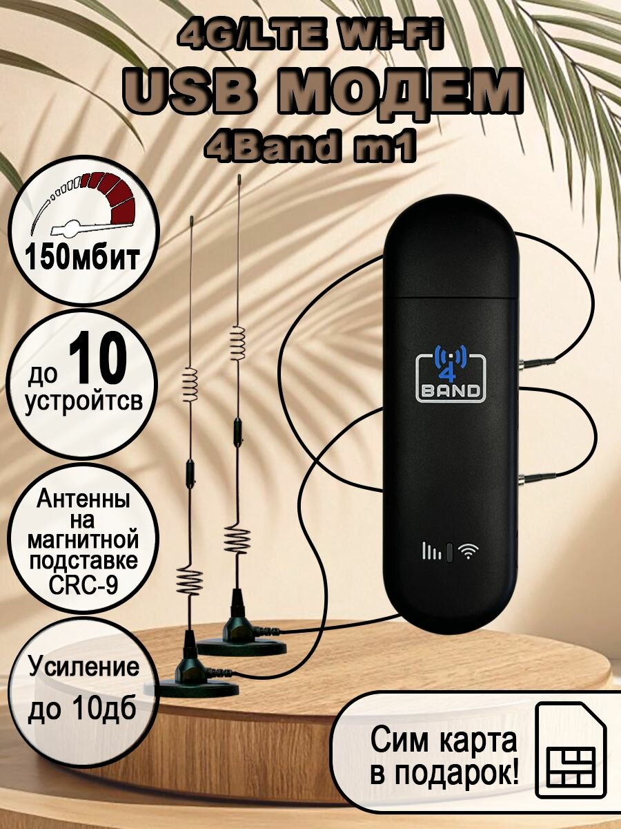 USB модем 4G M1 c внешними антеннами CRC-9 на магнитной подставке 55см