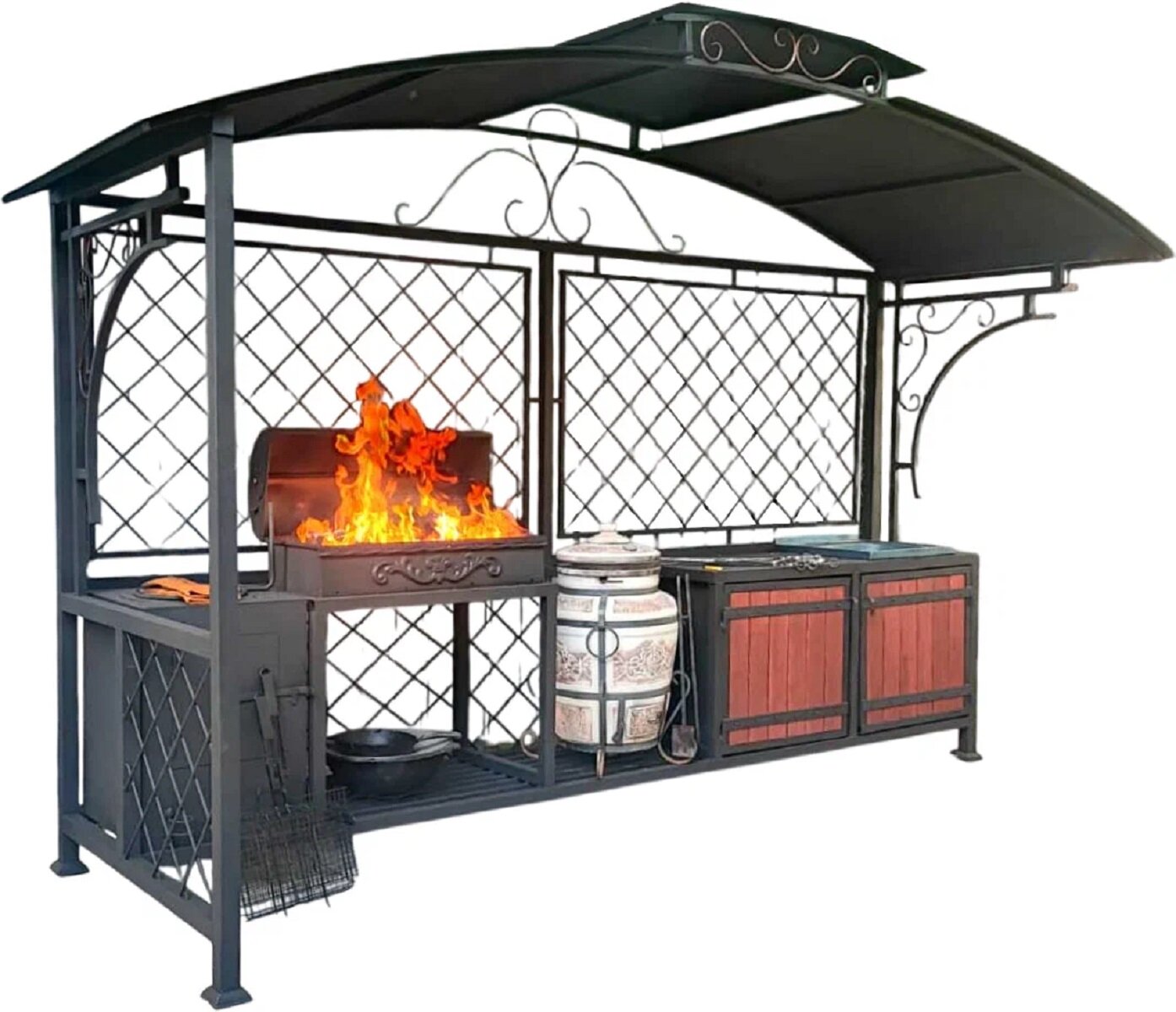 Мангальный комплекс Орхидея с крышей, с печью, металл, черный