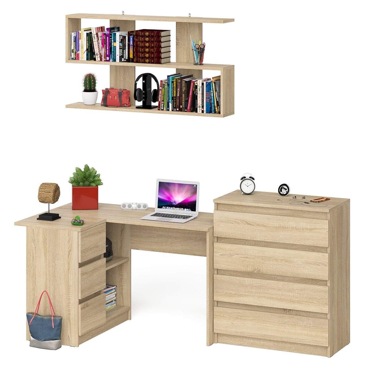 Стол компьютерный Мори МС-16 с 3 ящиками слева с книжной полкой и комод 4 ящика, дуб сонома, 204,8х84,9х209,6 см.
