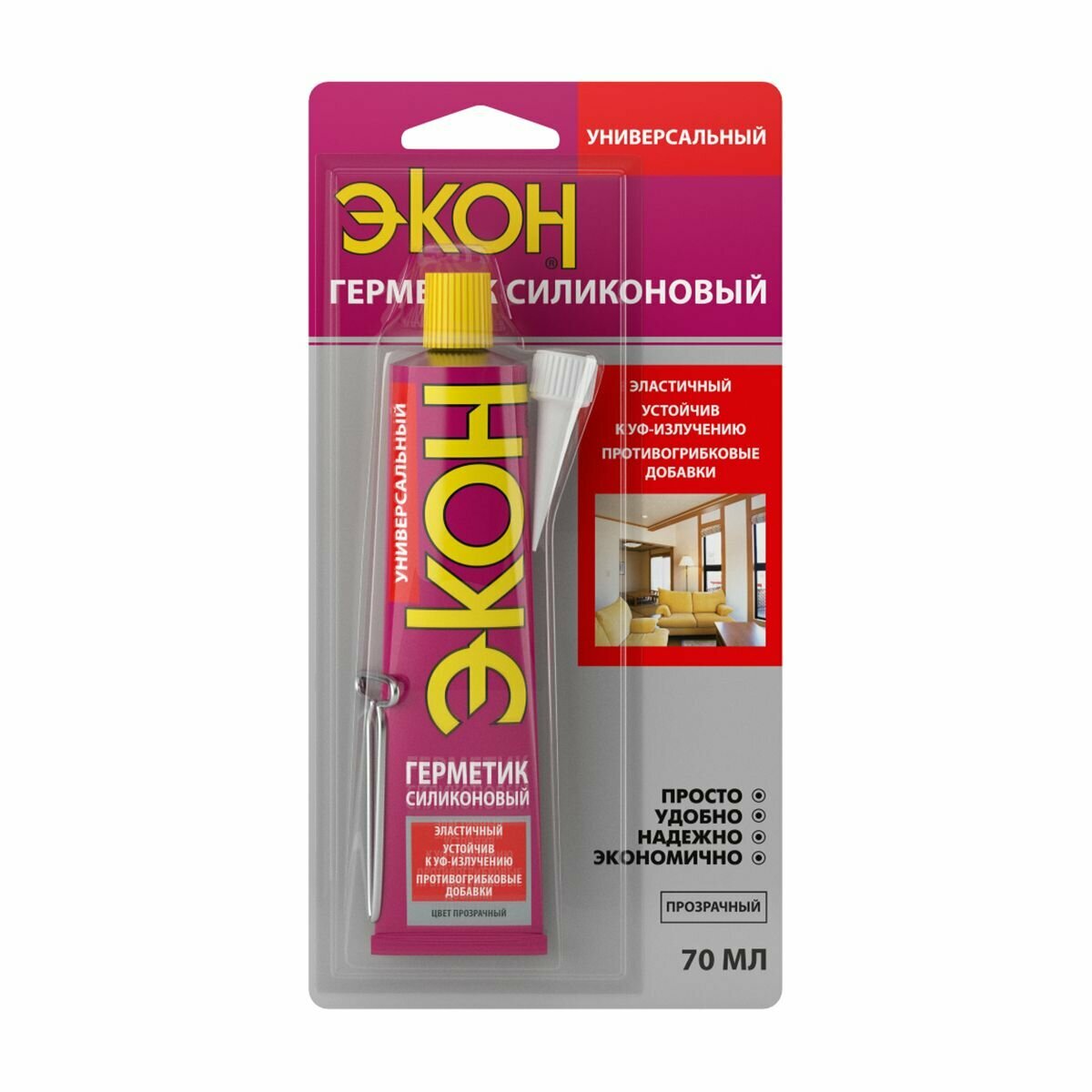 Герметик HENKEL "Экон", силиконовый, универсальный, прозрачный, блистер, 70 мл