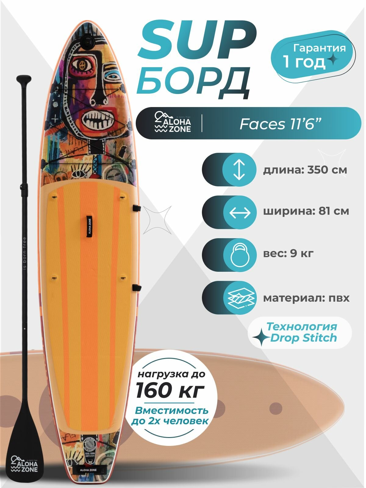 Сапборд ALOHA ZONE FACES, 350х81х15см, до 160кг, желтый/оранжевый/оранжево-желтый