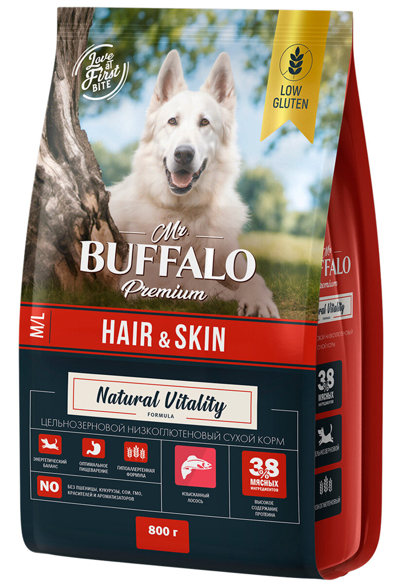 MR.BUFFALO ADULT M/L HAIR & SKIN CARE для взрослых собак средних и крупных пород с чувствительной кожей и шерстью с лососем (0,8 кг)