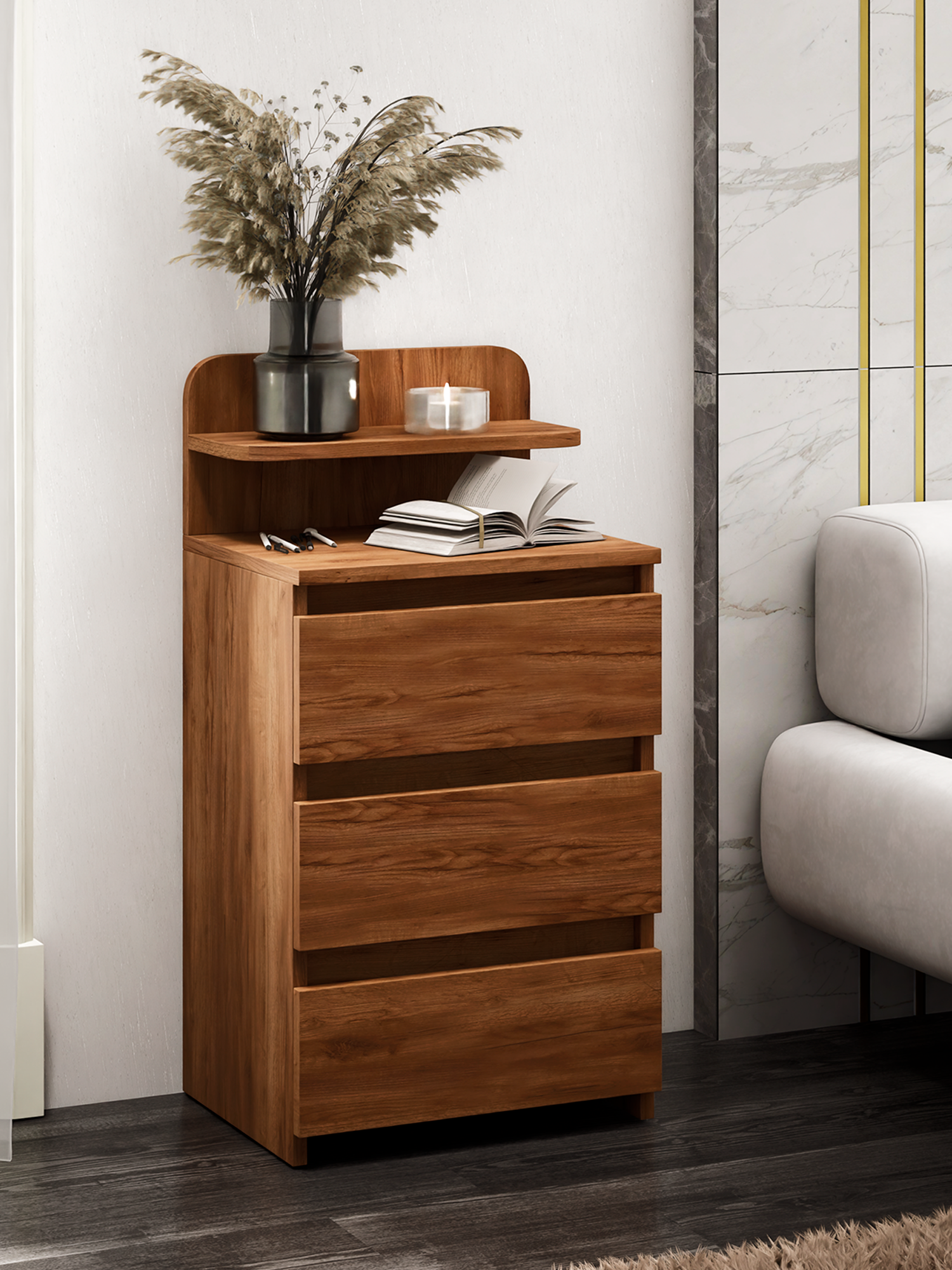 Тумба MFMaster Vitto-132, 3 ящика, без ручек, ЛДСП, цвет дуб крафт табак