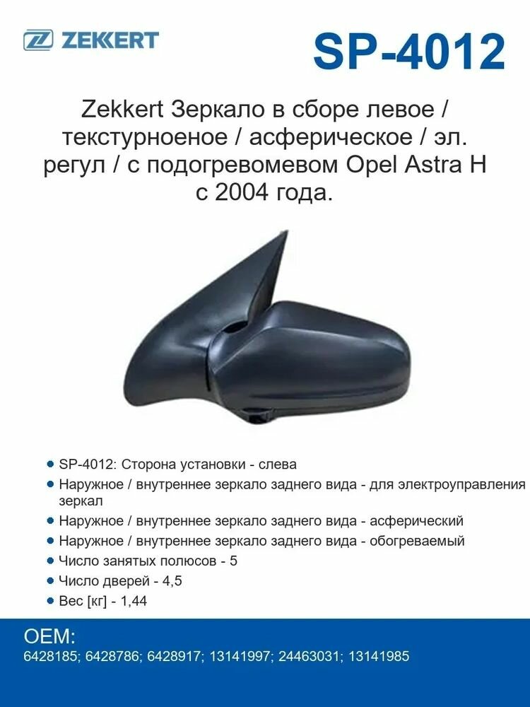 Zekkert Зеркало в сборе левое / текстурное / асферическое / эл. регул / с подогревом Opel Astra H с 2004 года.