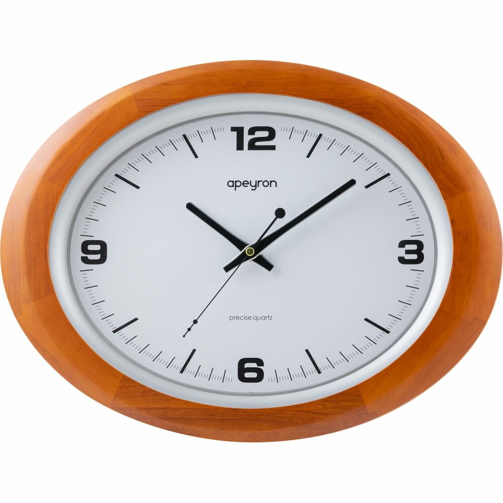 Овальные настенные бесшумные часы Apeyron циферблат baton, темное дерево гевеи, размер 41.2x31.2 см