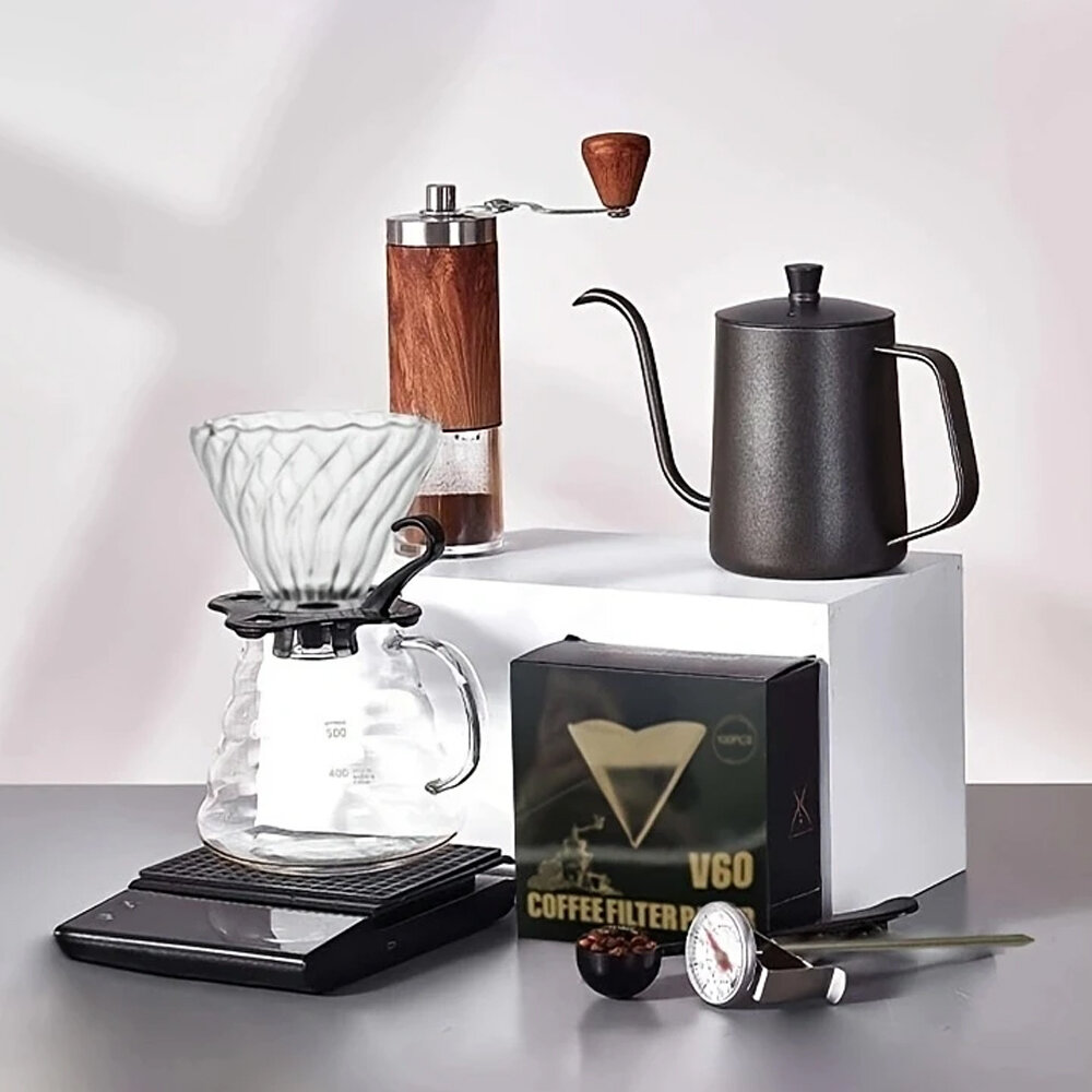 Кофейный набор, 8 предметов, капельная кофеварка V60, ручной набор для заваривания кофе, включает весы для кофе/кофейник/фильтр для кофе (переносная коробка для подарка)
