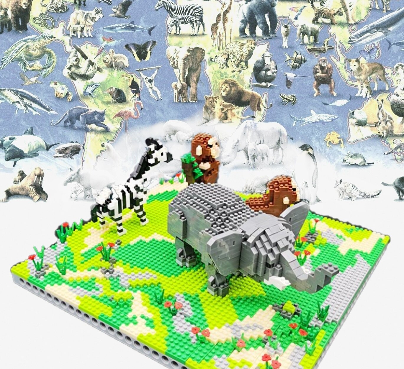 Конструктор 3D из миниблоков RTOY В мире животных слон, зебра и обезьяны 1980 элементов - JM6628