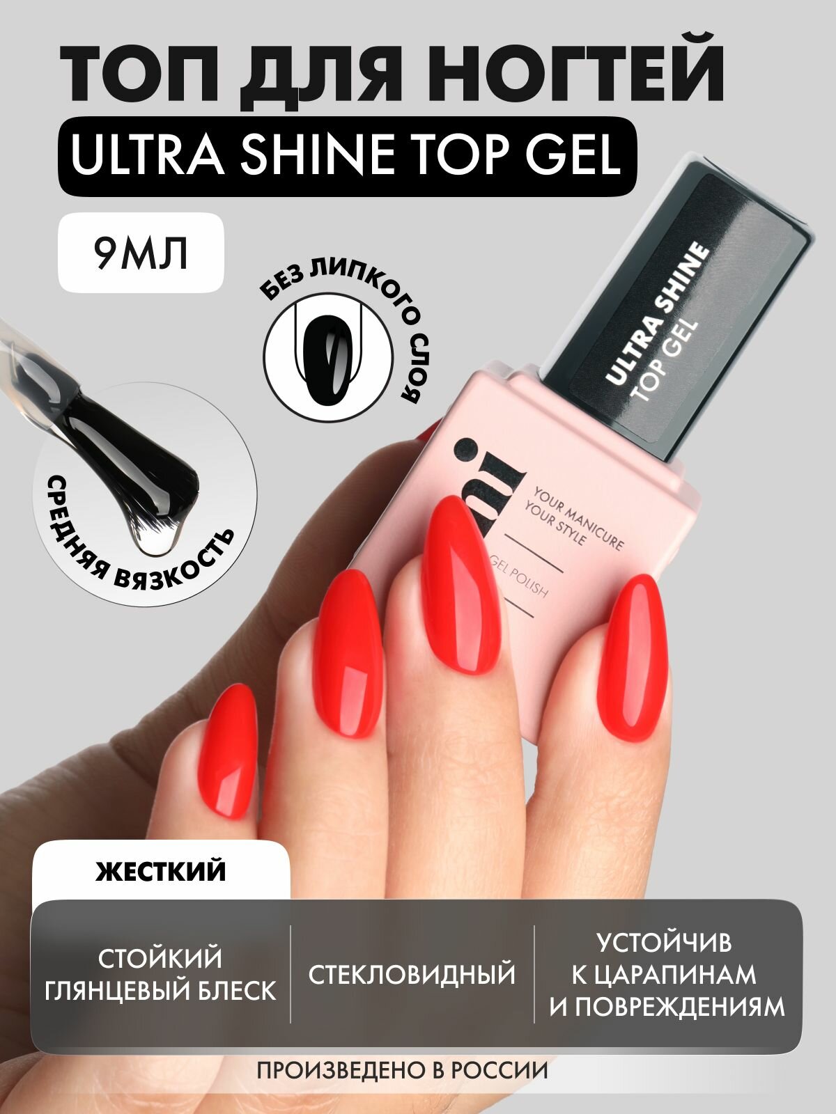 EMI Топ для гель-лака Ultra Shine Top Gel глянцевый, без липкого слоя, 9 мл.