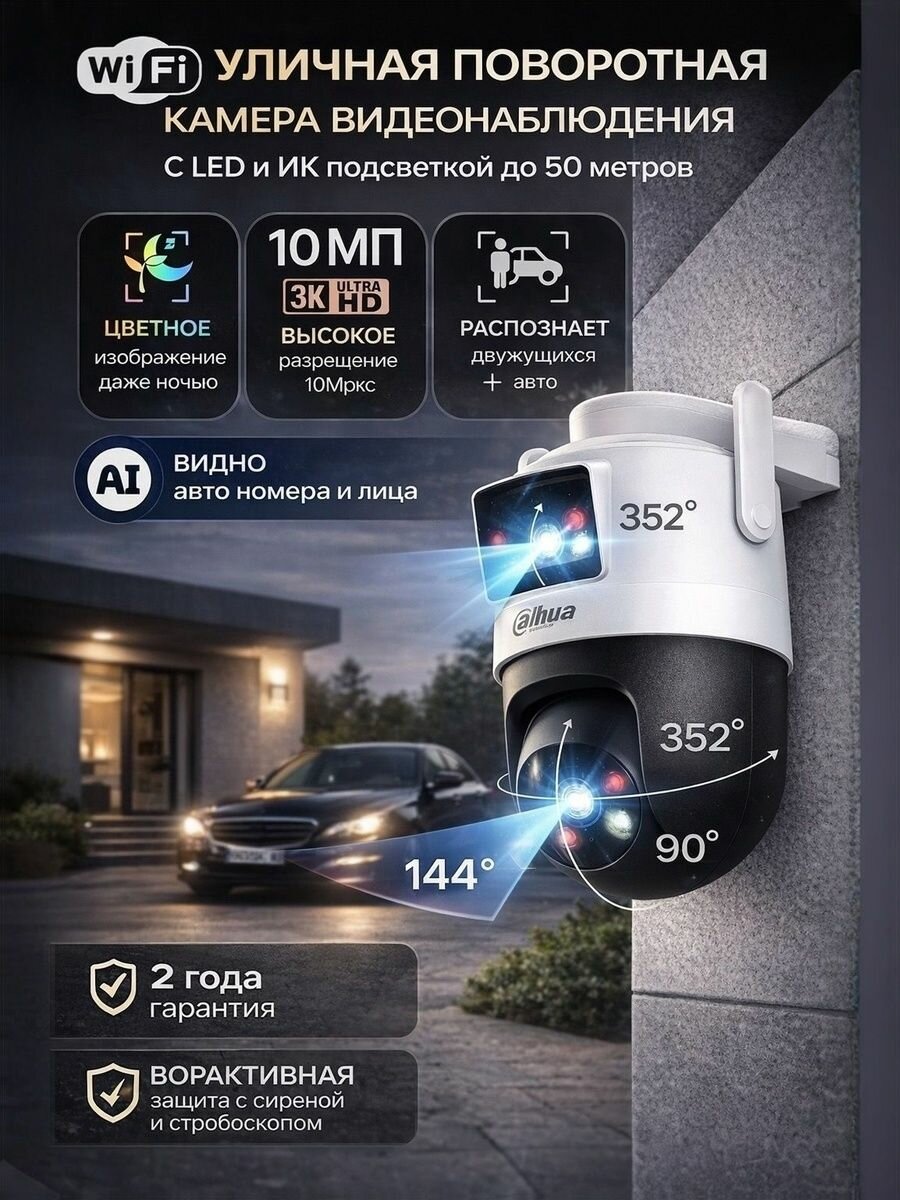 Камера видеонаблюдения уличная WI FI поворотная с двумя объективами 10МП HD / ночная съемка / охрана