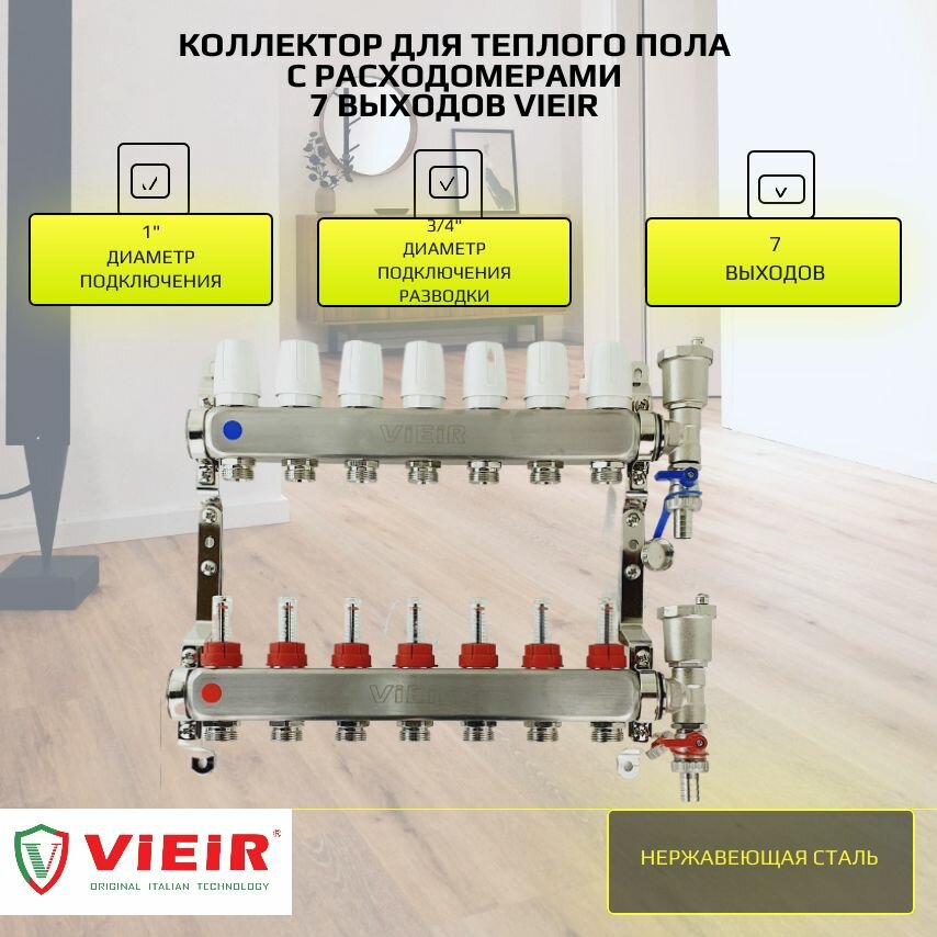 Коллекторная группа с расходомерами 7 выходов ViEiR, нержавейка